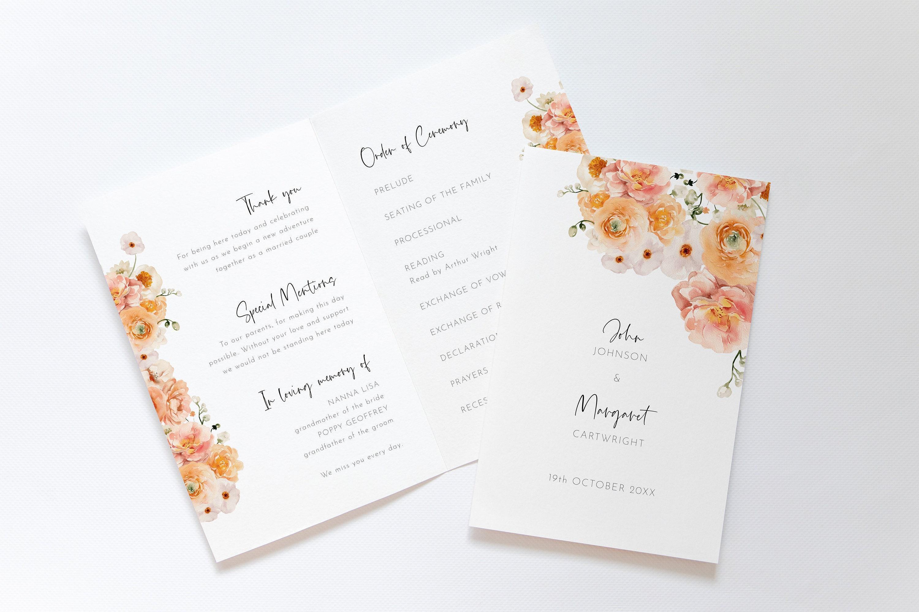 Folded Wedding Program Booklet, Editable Template, Boho Pink and Peach ...