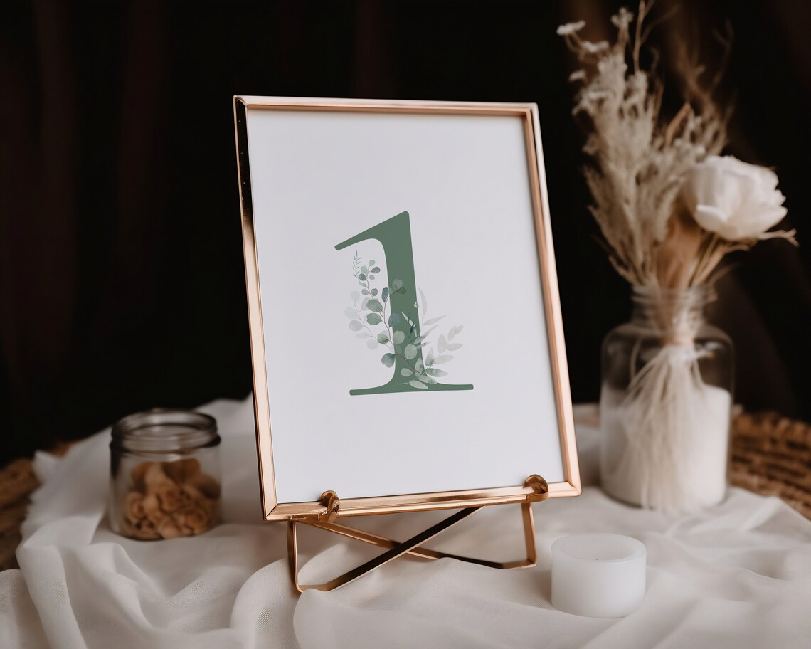 Minimalist Sage Green Wedding Table Number Sign, Eucalpytus Leaves ...