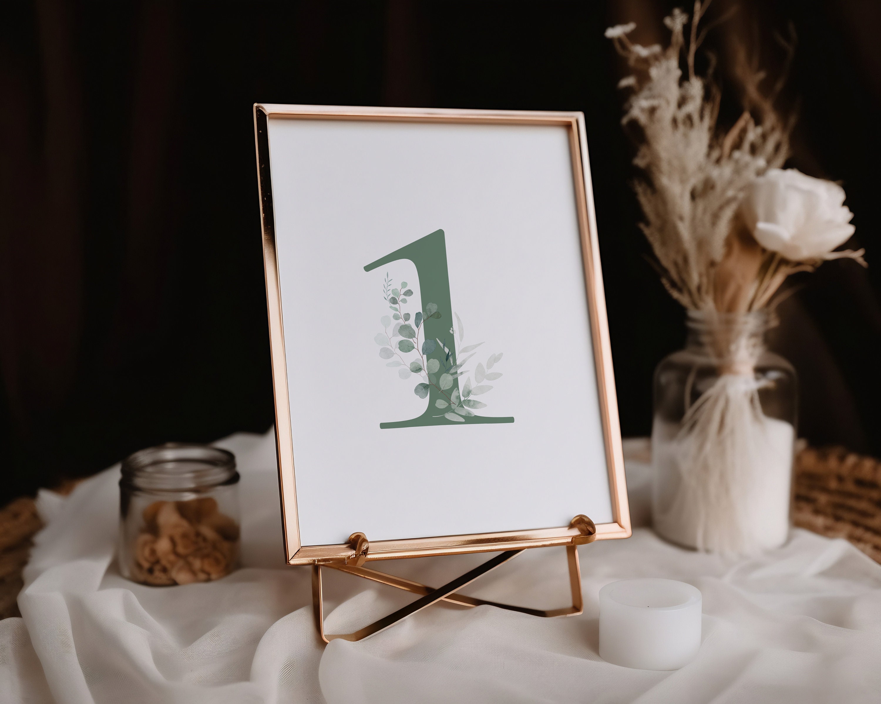 Minimalist Sage Green Wedding Table Number Sign, Eucalpytus Leaves ...