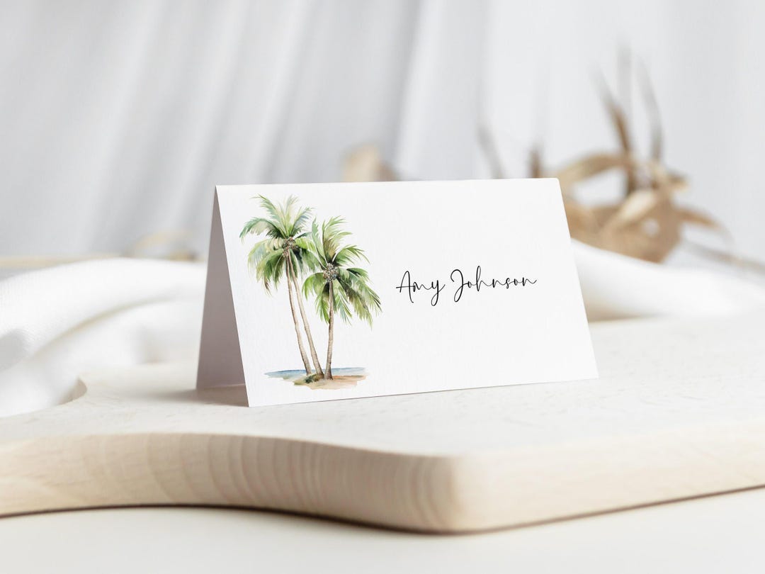 Palm Tree Name Cards for Wedding, Editable Template, Tropical Bridal ...