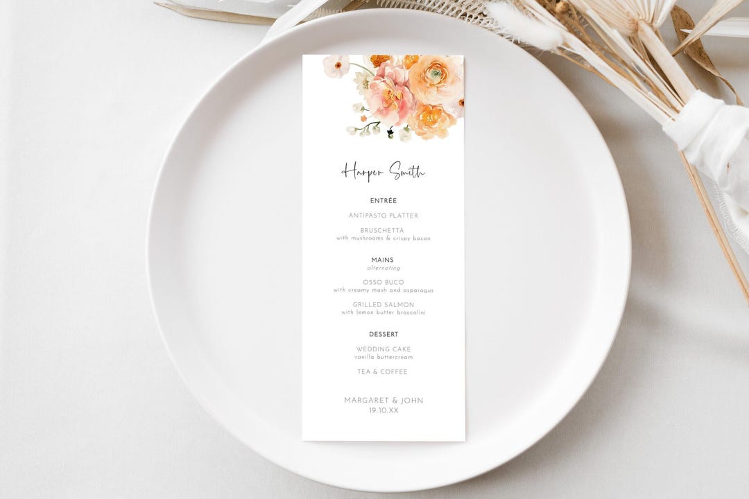 Dinner Menu With Name Card Template, Boho Wedding Place Card ...