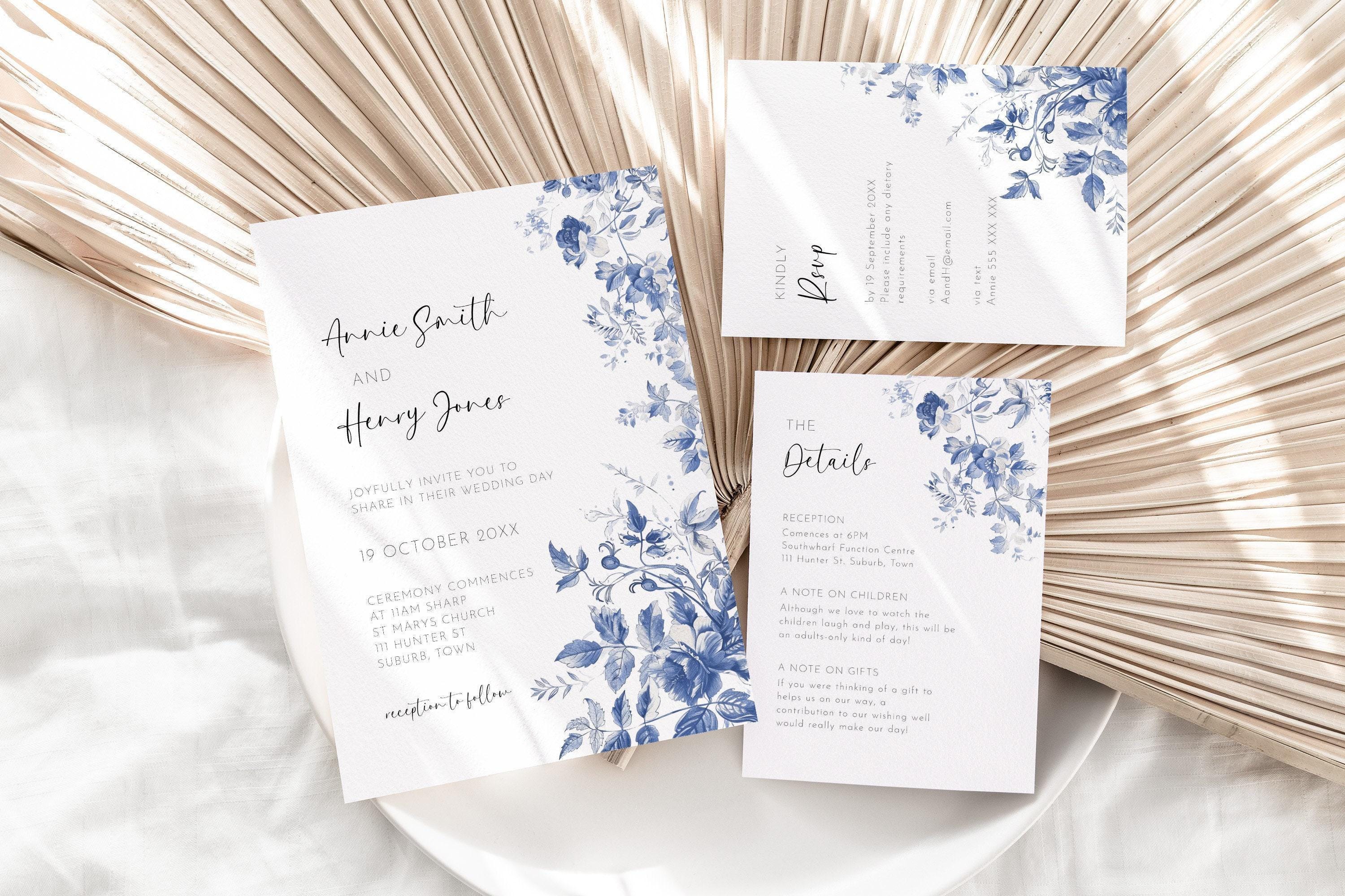 French Blue Toile Invitation Suite, Editable Wedding Invite Template ...