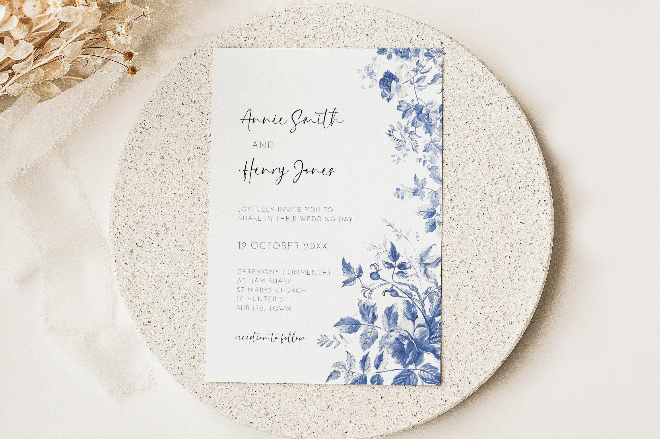 French Blue Toile Invitation Suite, Editable Wedding Invite Template ...
