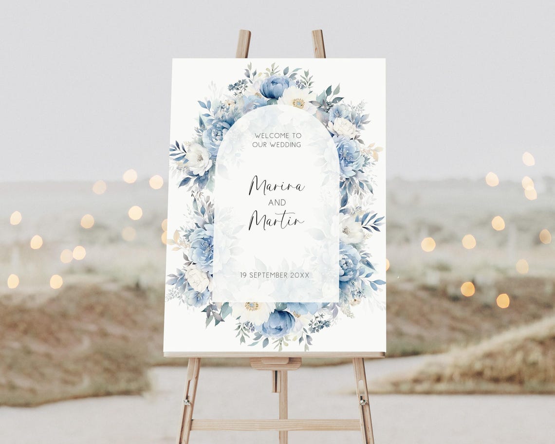 Welcome to Our Wedding Sign Dusty Blue Floral, Editable Template ...