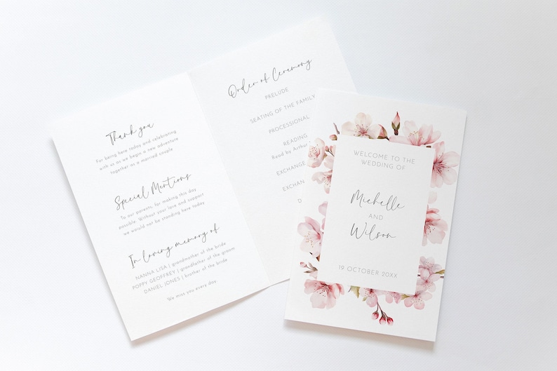 Folded Wedding Program Booklet, Editable Template, Pink Cherry Blossom ...