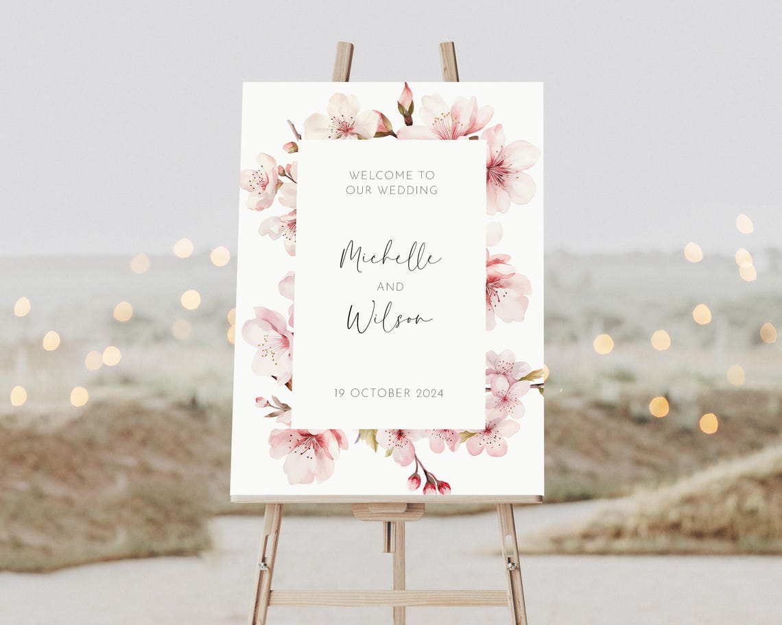 Cherry Blossom Wedding Welcome Sign, Pink Sakura Flowers Poster ...