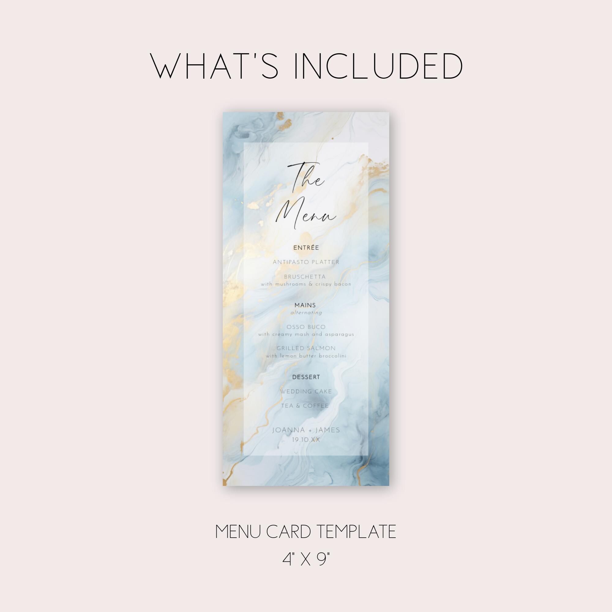 Dusty Blue and Gold Wedding Menu, Editable Dinner Menu Template ...
