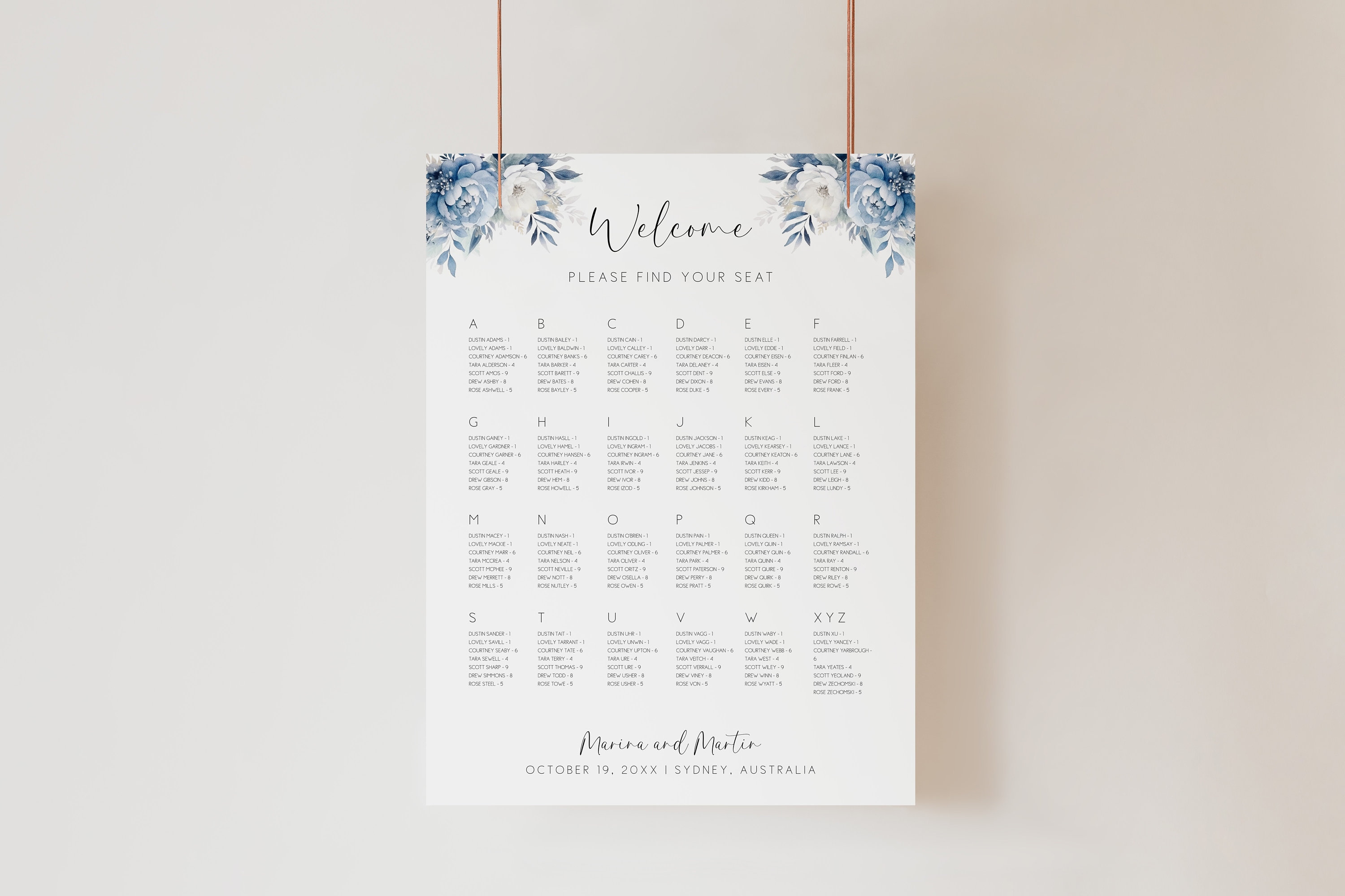 Dusty Blue Wedding Seating Chart Sign, DIY Editable Template, Navy Blue ...