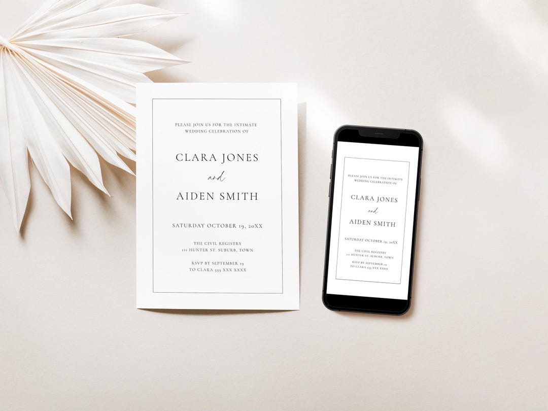 Civil Wedding Invite Template With Elegant Border, Editable Minimalist ...