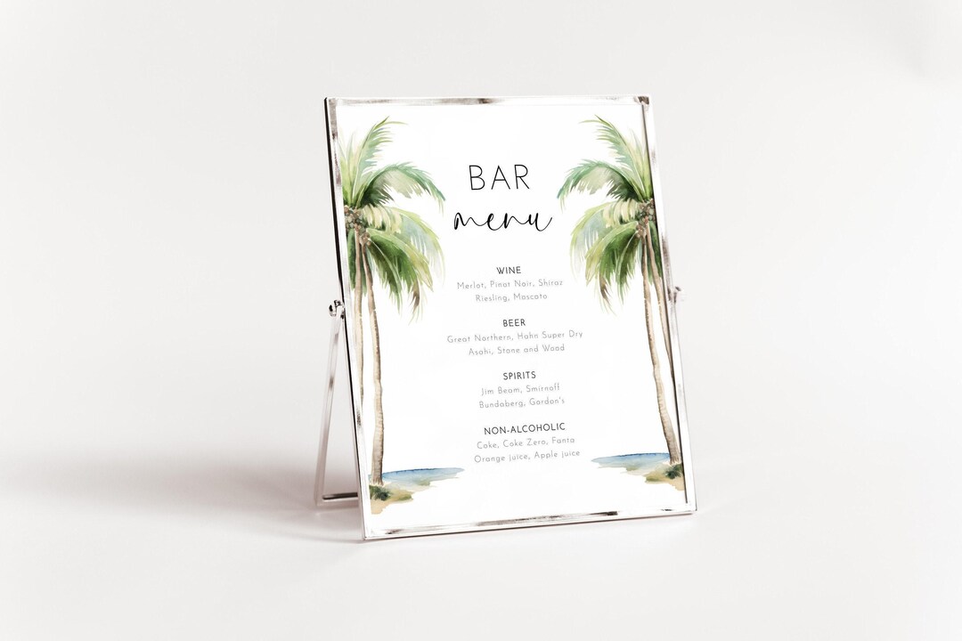 Palm Tree Bar Menu Sign, Editable Template, Beach Wedding Printable Bar ...