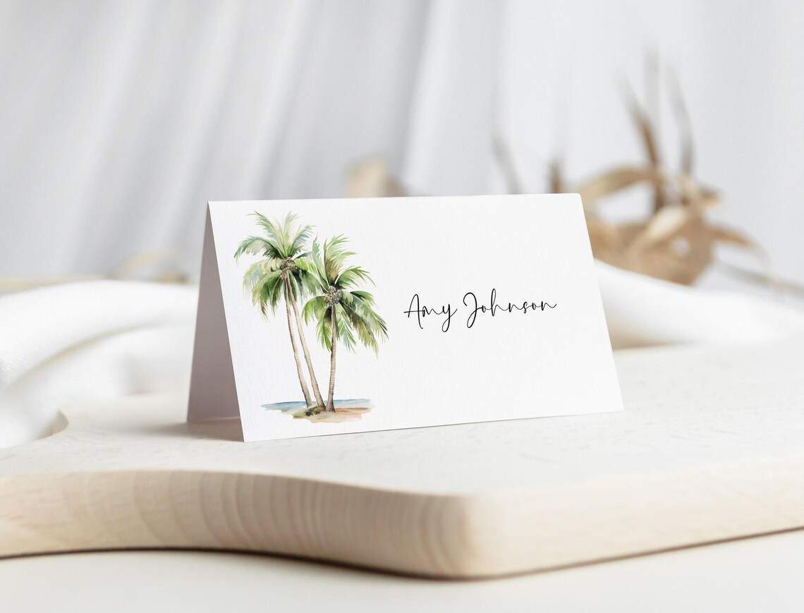Palm Tree Name Cards for Wedding, Editable Template, Tropical Bridal ...