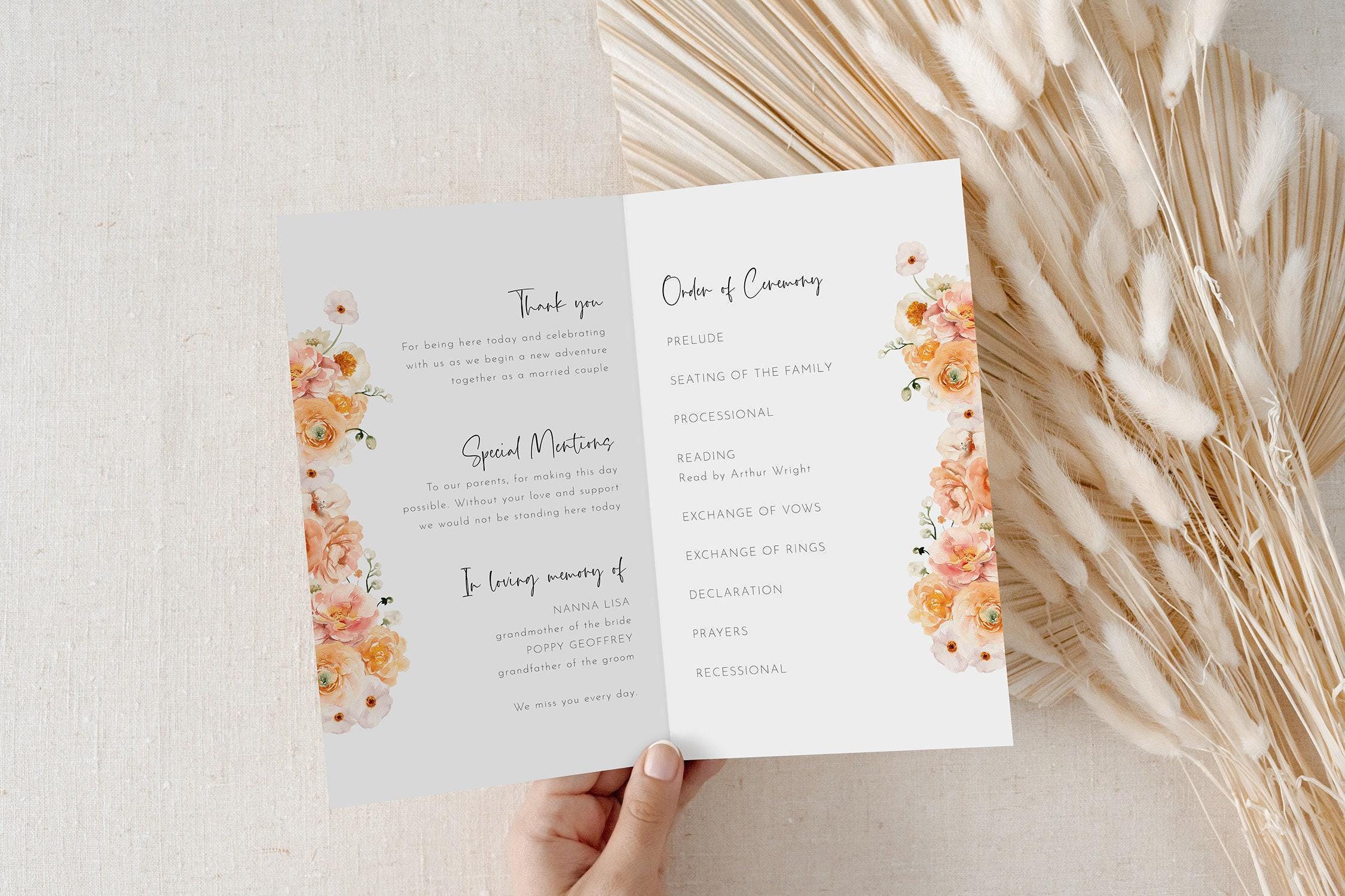 Folded Wedding Program Booklet, Editable Template, Boho Pink and Peach ...