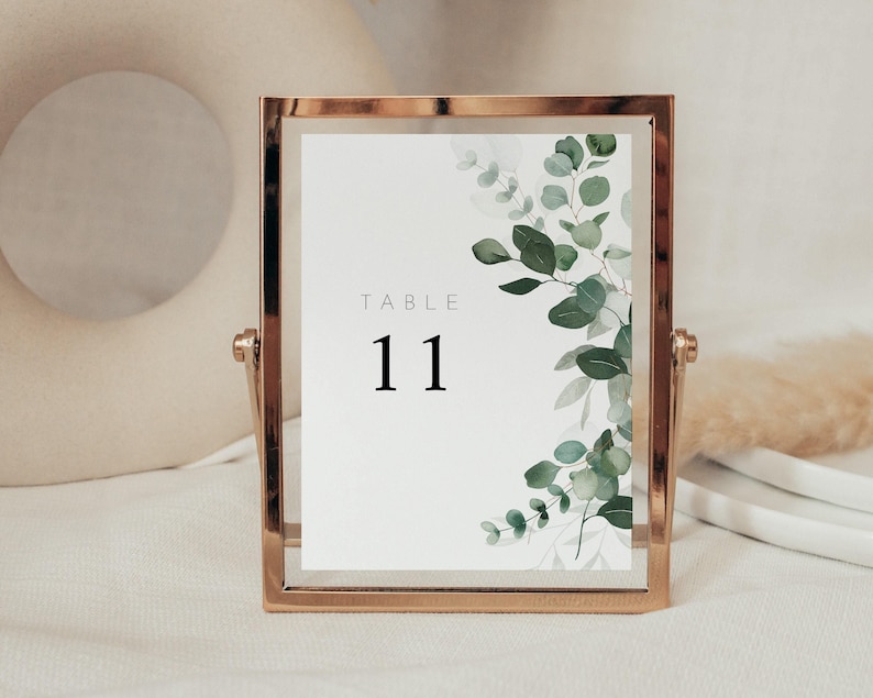 Sage Green Table Number Editable Template, Eucalyptus Leaves Table ...