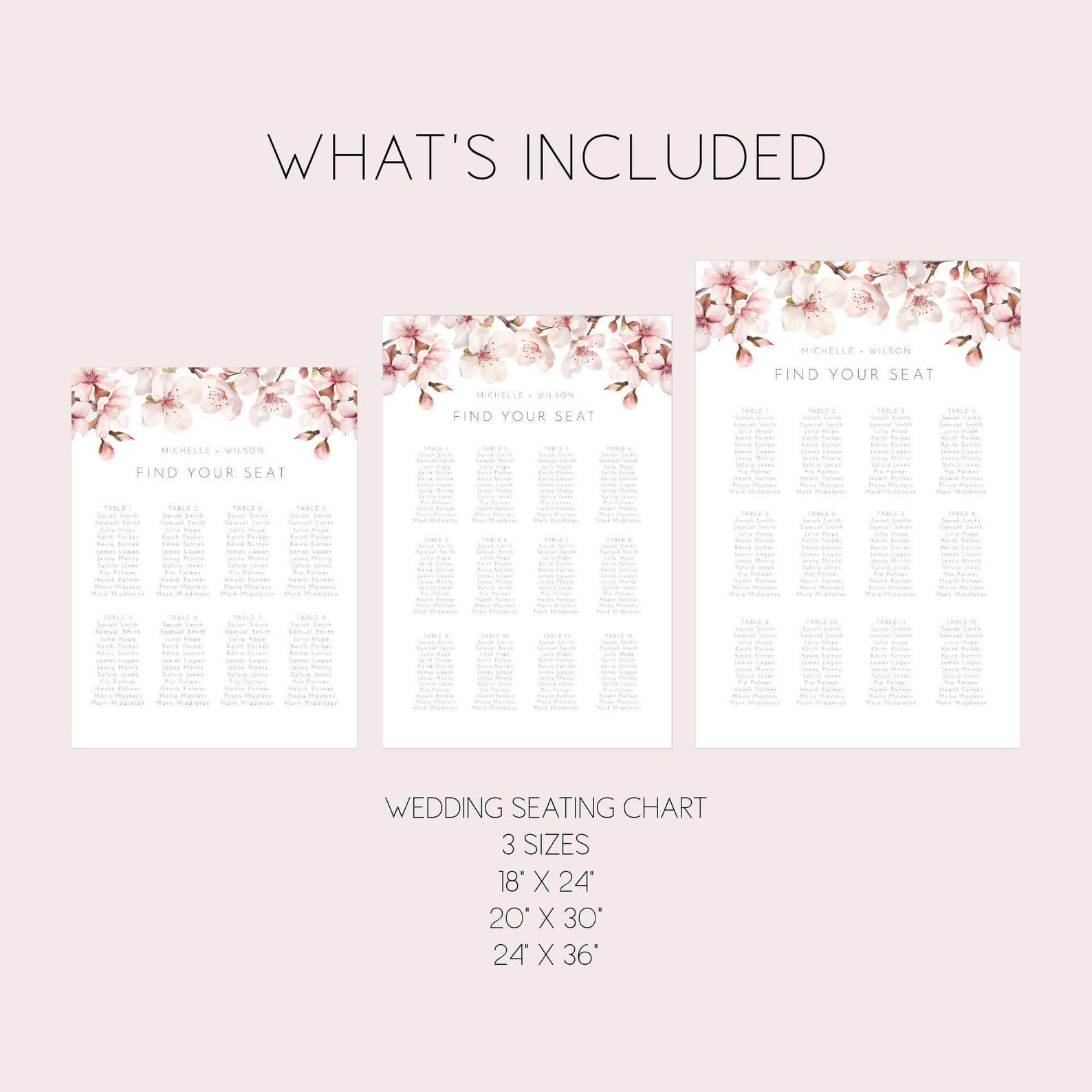 Cherry Blossom Table Seating Chart Template, Modern Wedding Seat Plan ...