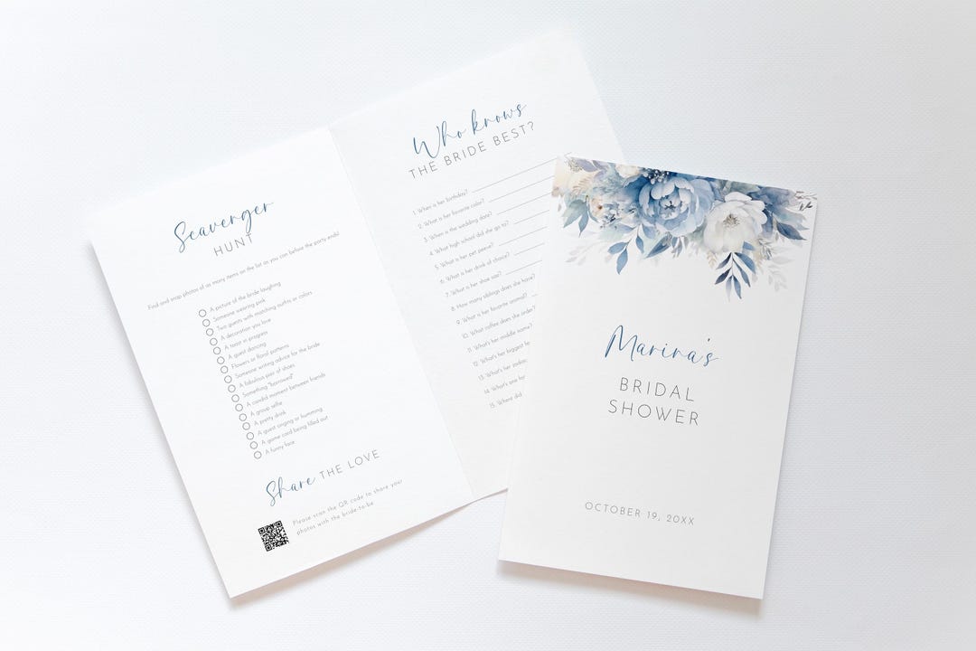 Dusty Blue Bridal Shower Game Booklet With Menu Editable Template ...