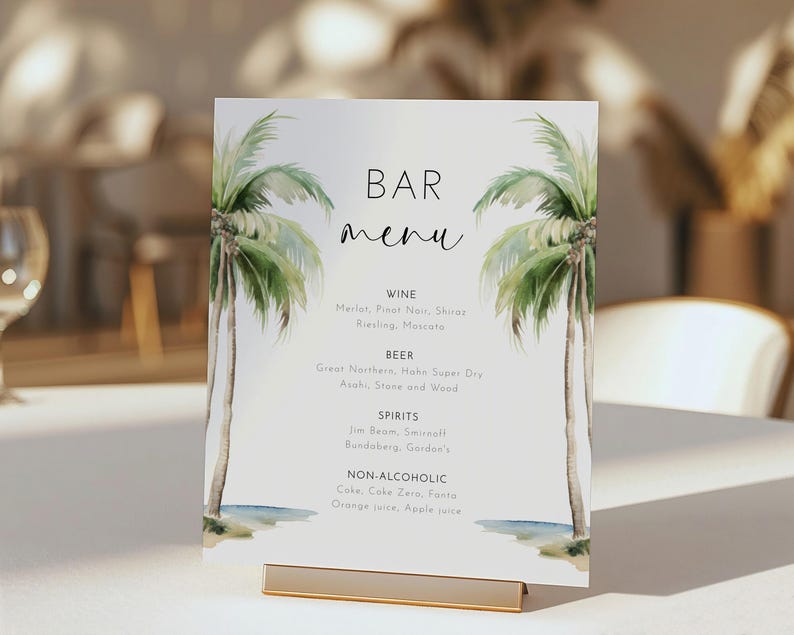 Palm Tree Bar Menu Sign, Editable Template, Beach Wedding Printable Bar ...