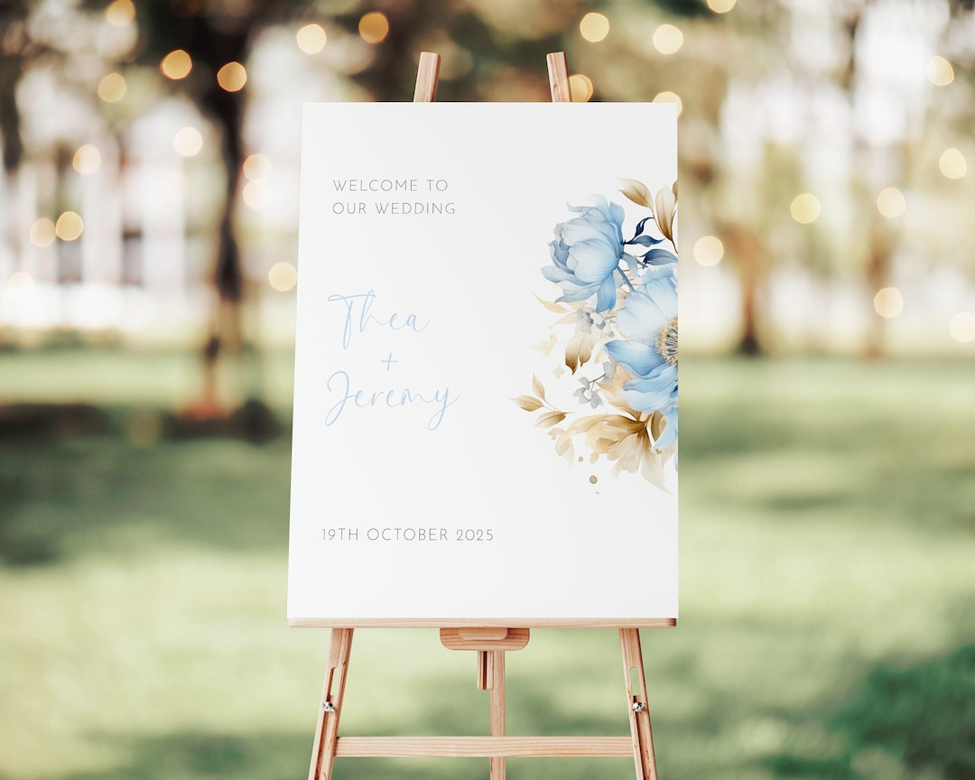 Dusty Blue Wedding Welcome Sign Template, Pale Blue Gold Floral ...