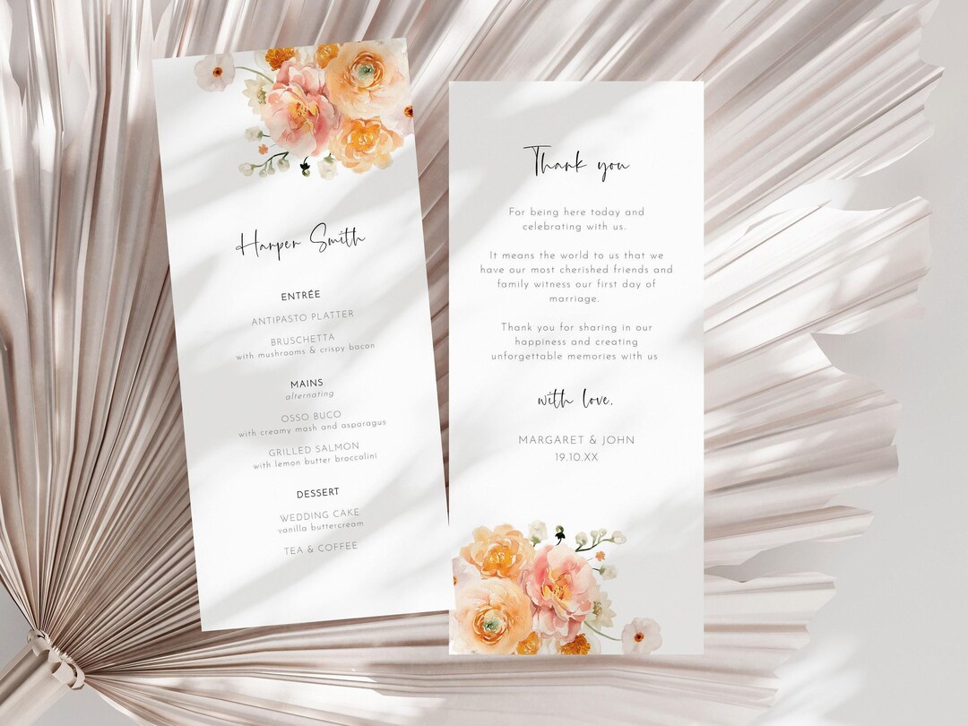 Menu and Thank You Card, Editable Template, Printable Boho Wedding Menu ...
