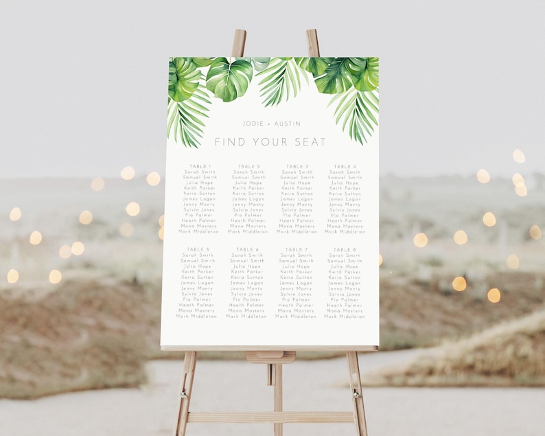 Tropical Beach Wedding Seating Chart Template, Find Your Seat Plan ...