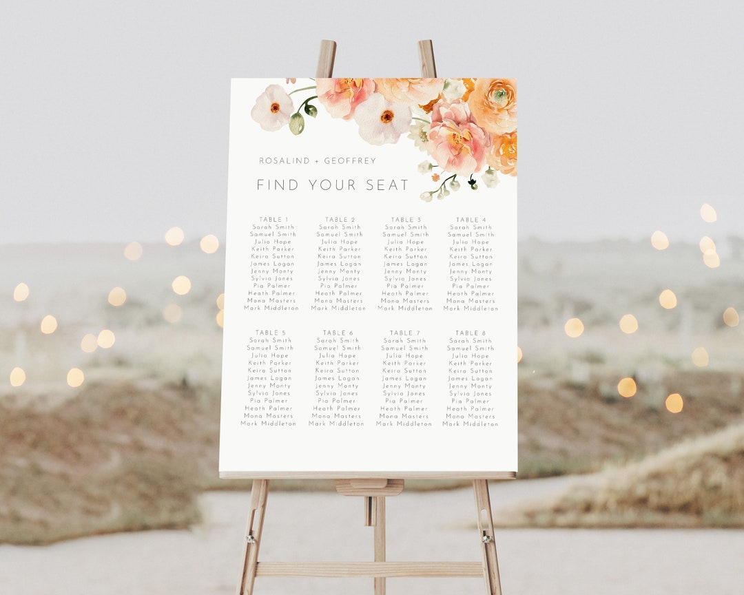 Peach Floral Wedding Seating Chart Template, Find Your Seat Plan, Boho ...