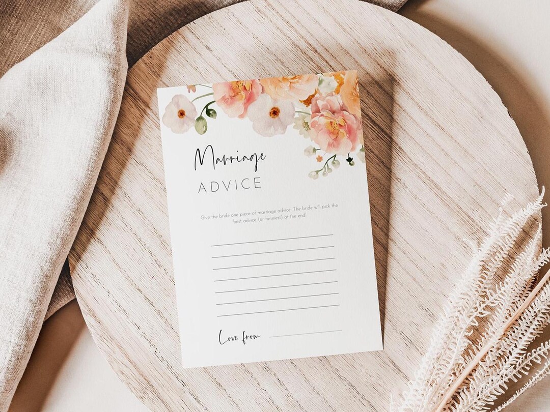 Marriage Advice Card Template, Printable Peach Wedding Advice Cards ...