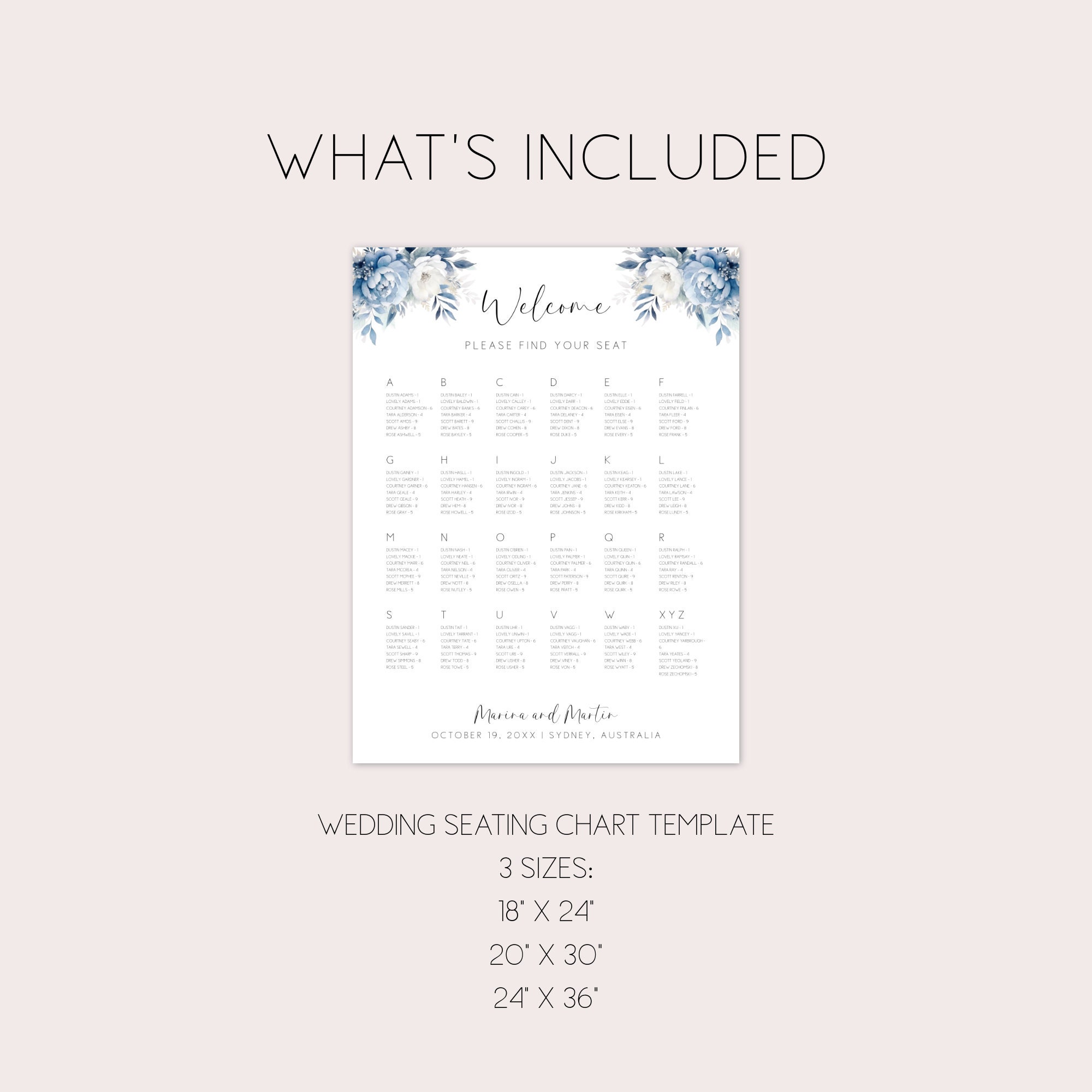 Dusty Blue Wedding Seating Chart Sign, DIY Editable Template, Navy Blue ...