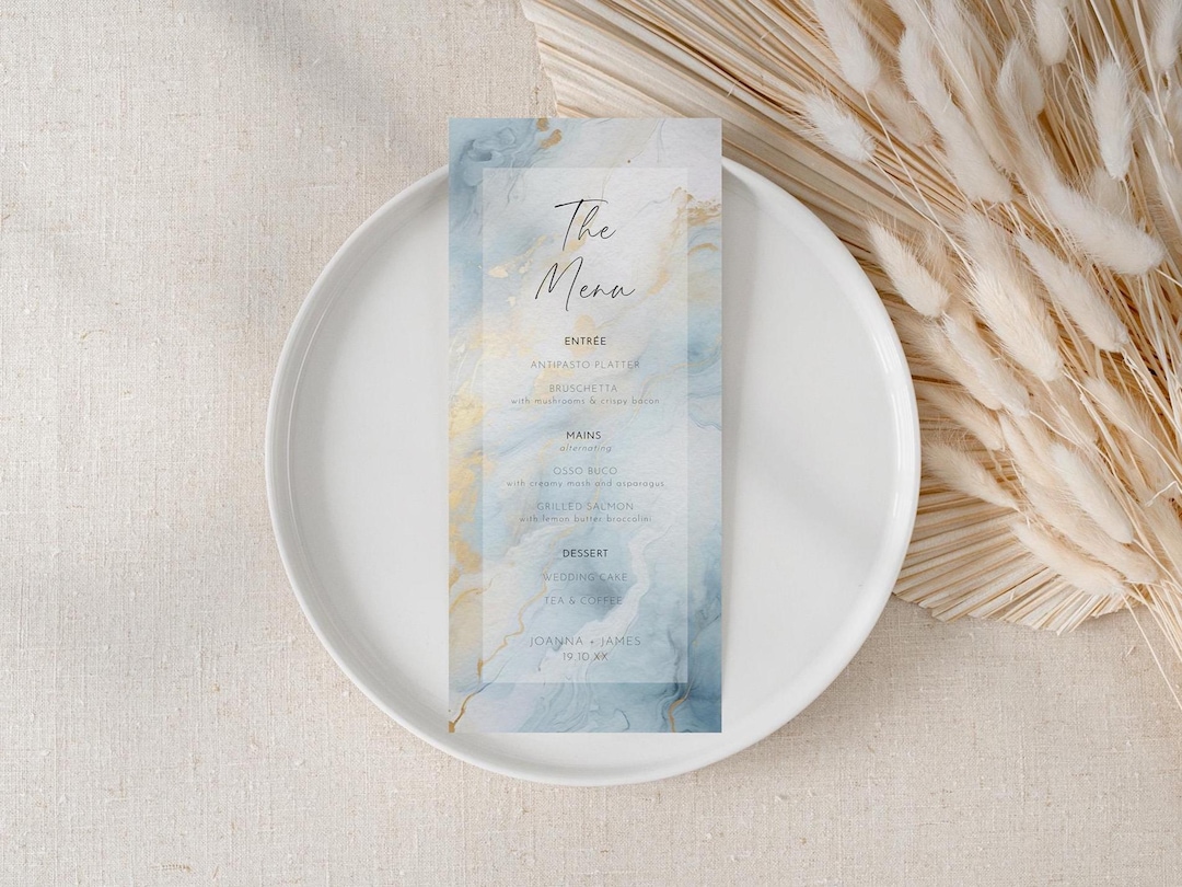 Dusty Blue and Gold Wedding Menu, Editable Dinner Menu Template ...