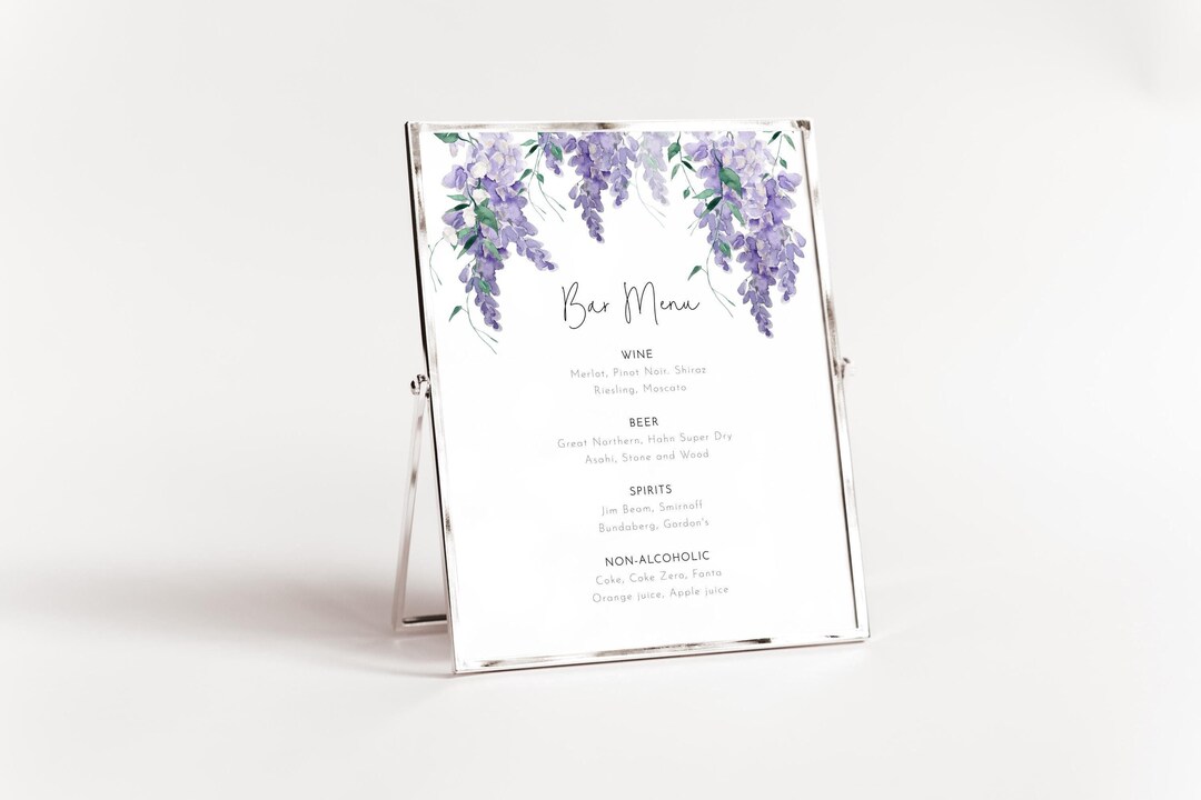 Purple Wisteria Wedding Bar Menu Sign, Editable Template, Lavender ...