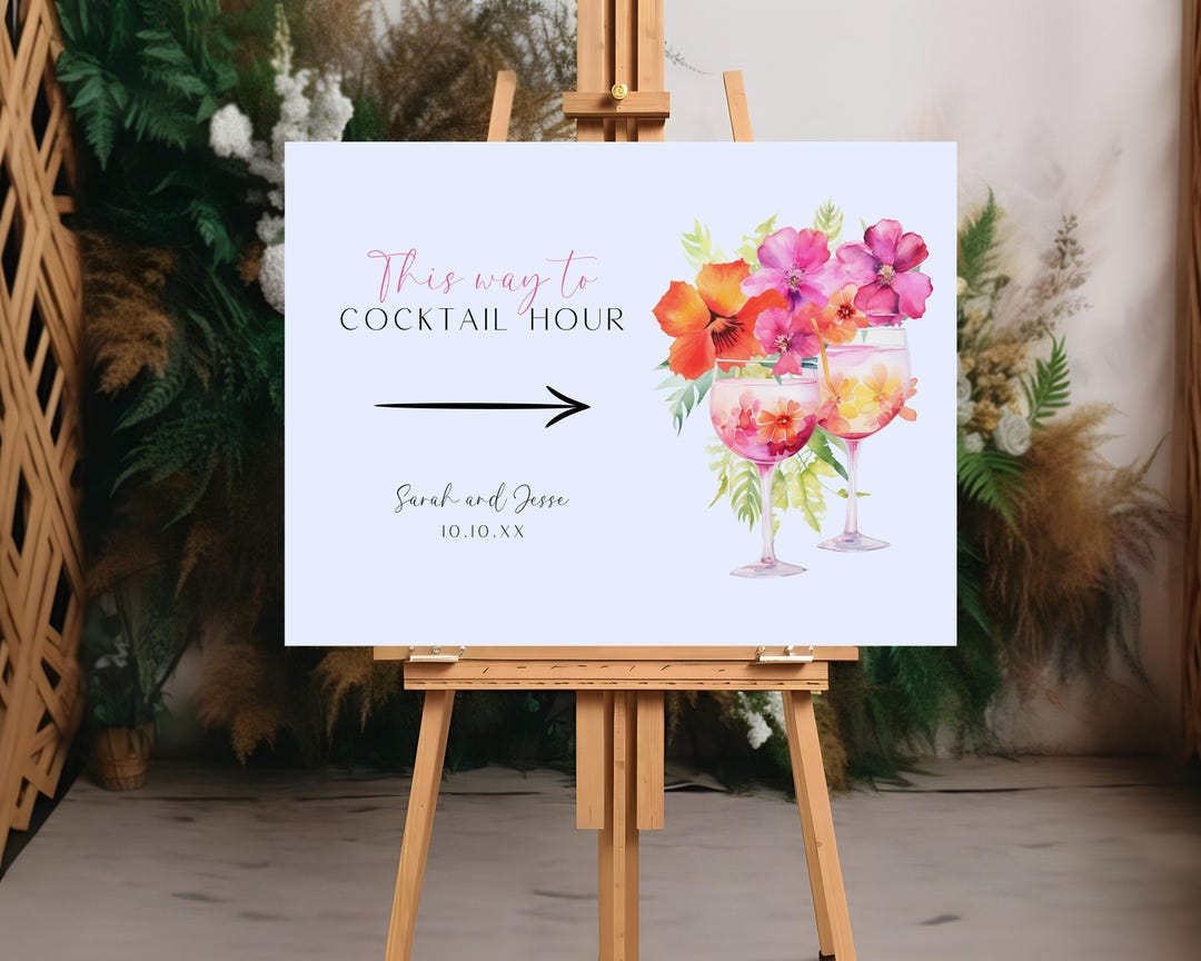 This Way to Cocktail Hour Welcome Sign, Editable Template, Hot Pink ...
