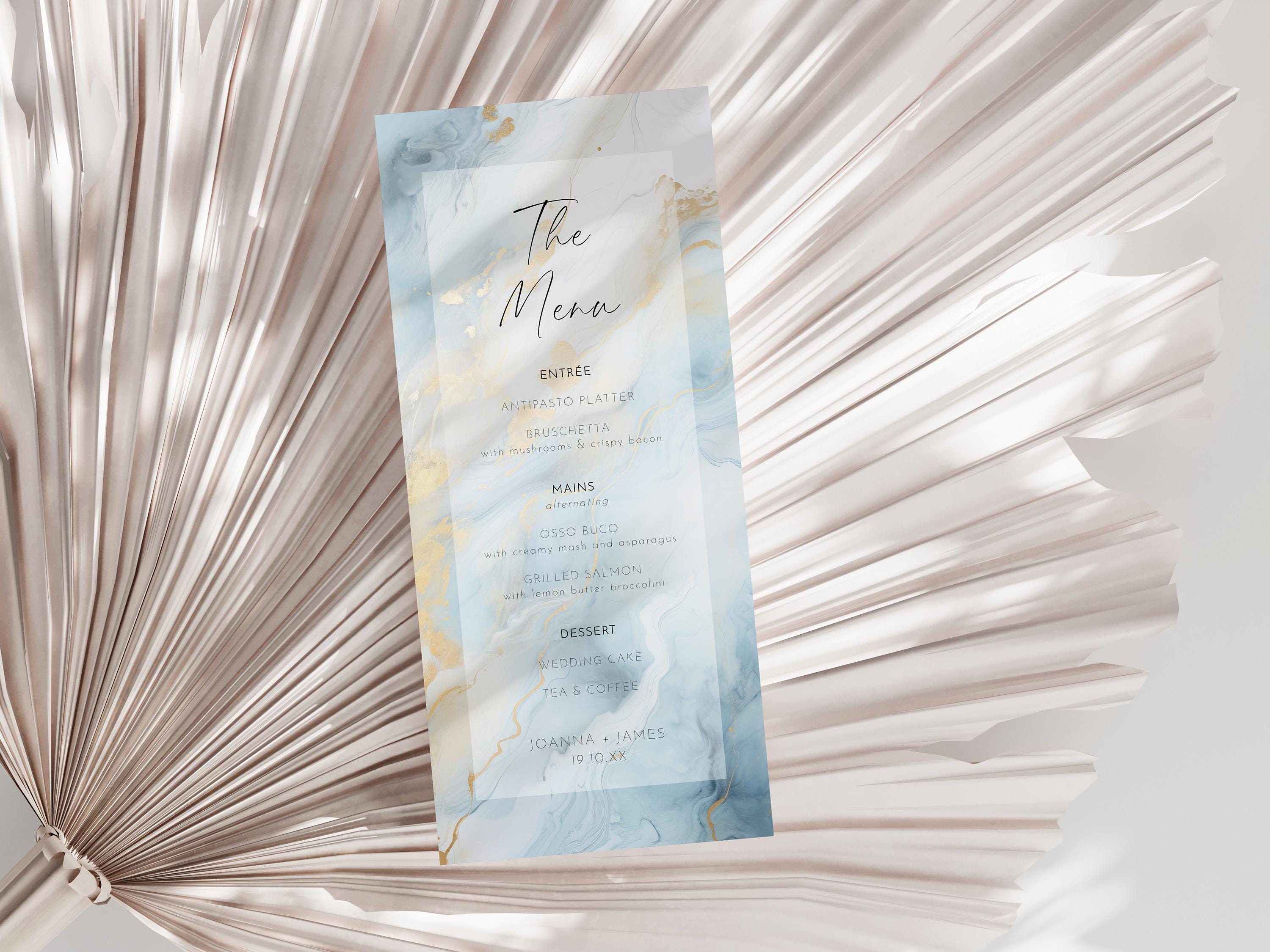 Dusty Blue and Gold Wedding Menu, Editable Dinner Menu Template ...