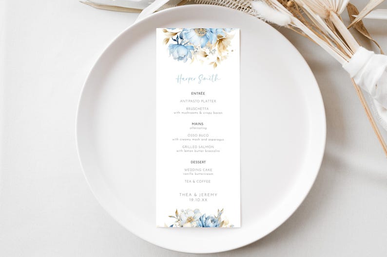 Blue and Gold Floral Wedding Menu Card, Editable Template, Light Blue ...