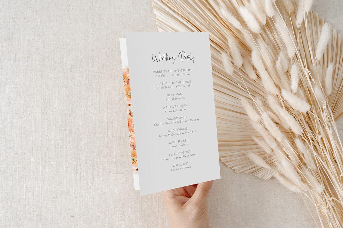 Folded Wedding Program Booklet, Editable Template, Boho Pink and Peach ...