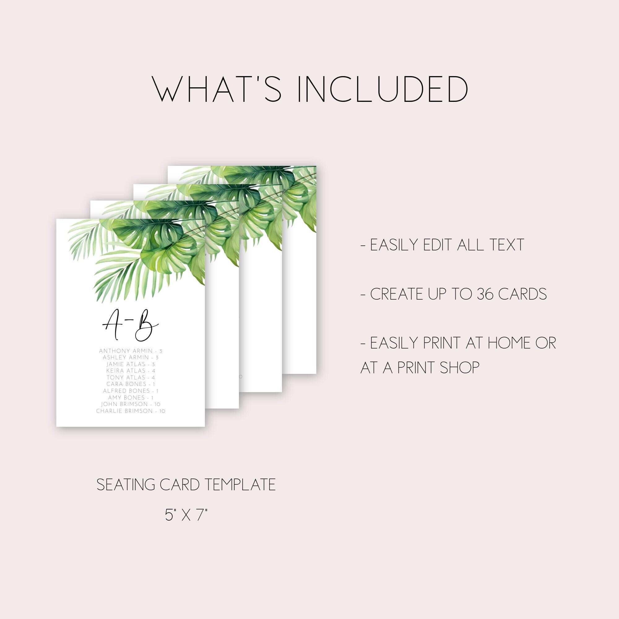 Tropical Alphabetical Seating Chart Cards, Editable Template, Beach ...