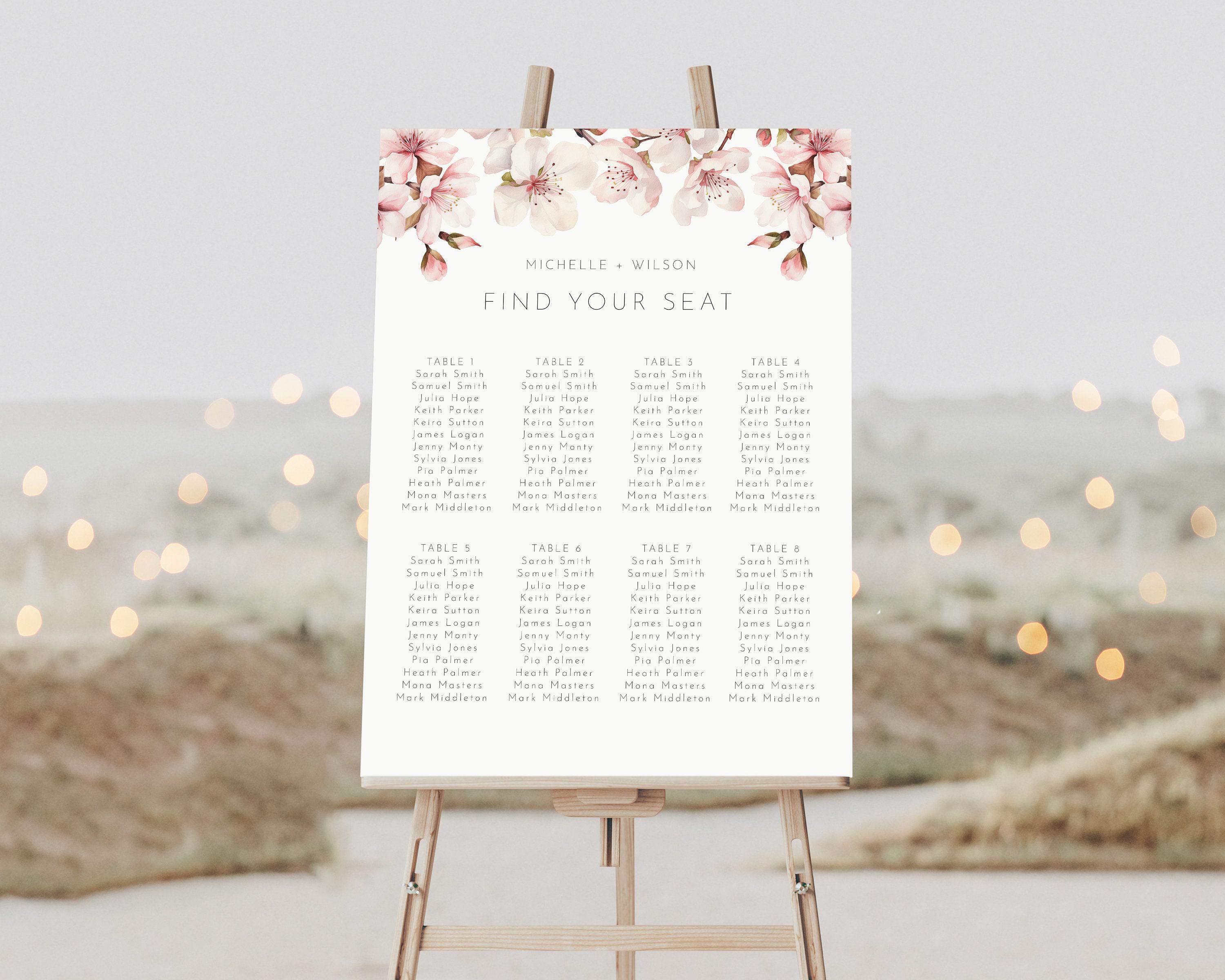 Cherry Blossom Table Seating Chart Template, Modern Wedding Seat Plan ...