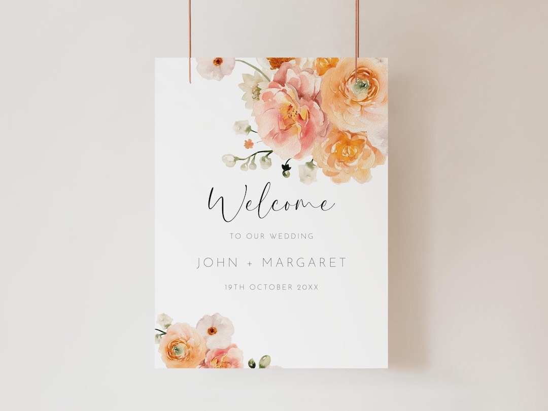Peach Wedding Welcome Sign Template, Boho Floral Welcome Poster, Large ...