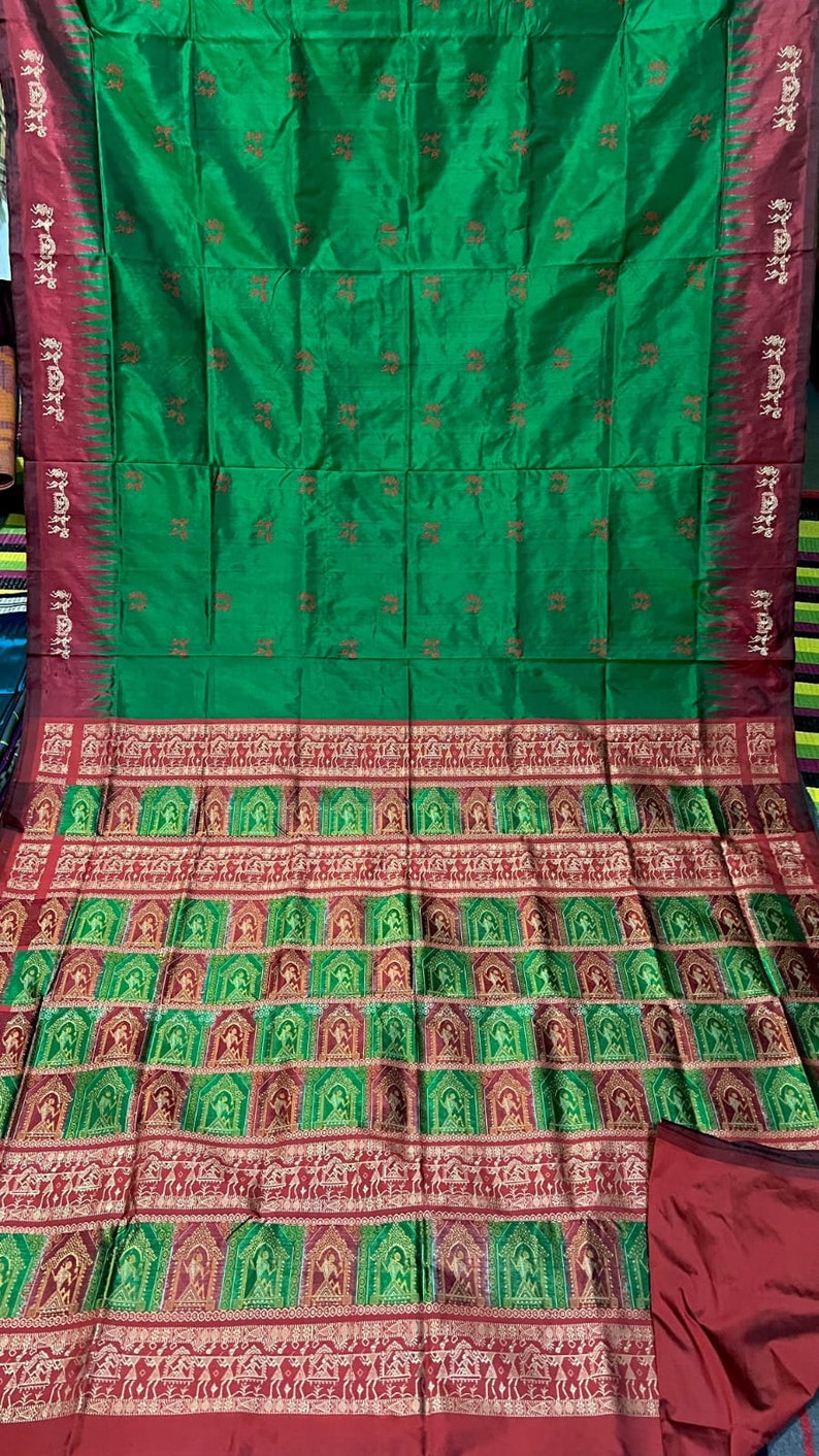 Sabari Elegance: Green Sambalpuri Saree With Maroon Sabari Border and ...