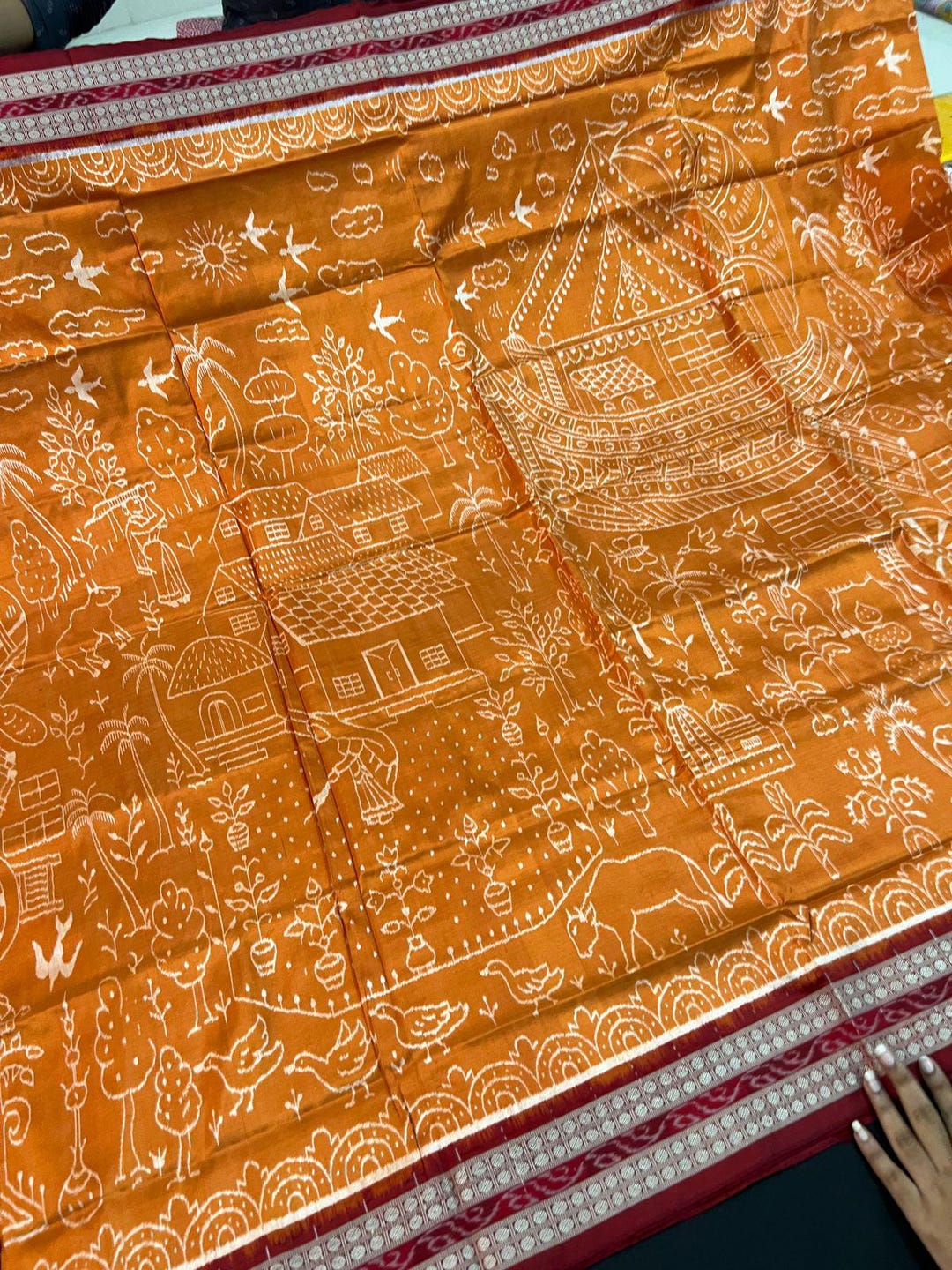 Orange Odisha Sambalpuri Pure Silk Handloom Saree With a Complete ...