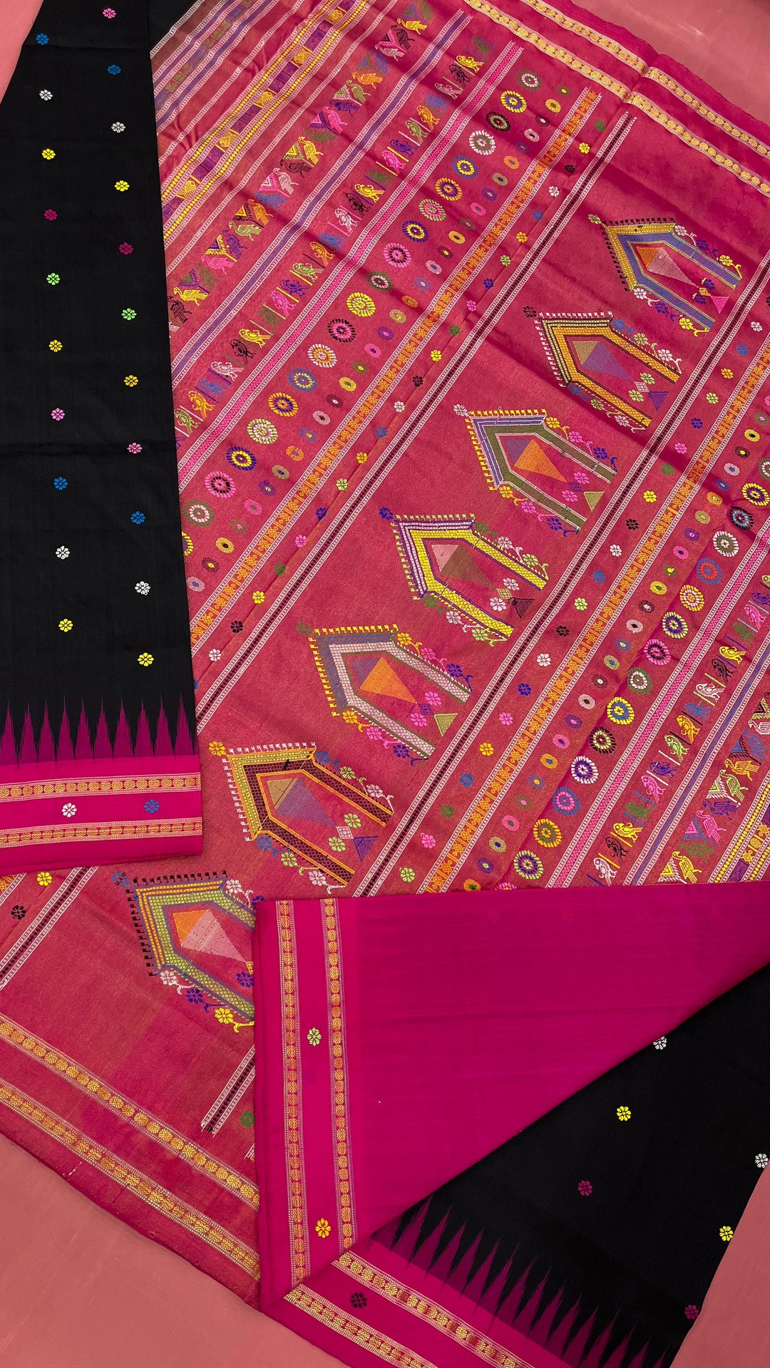 Black Odisha Sambalpuri Half Tissue Silk Pure Handloom With Pink Border ...