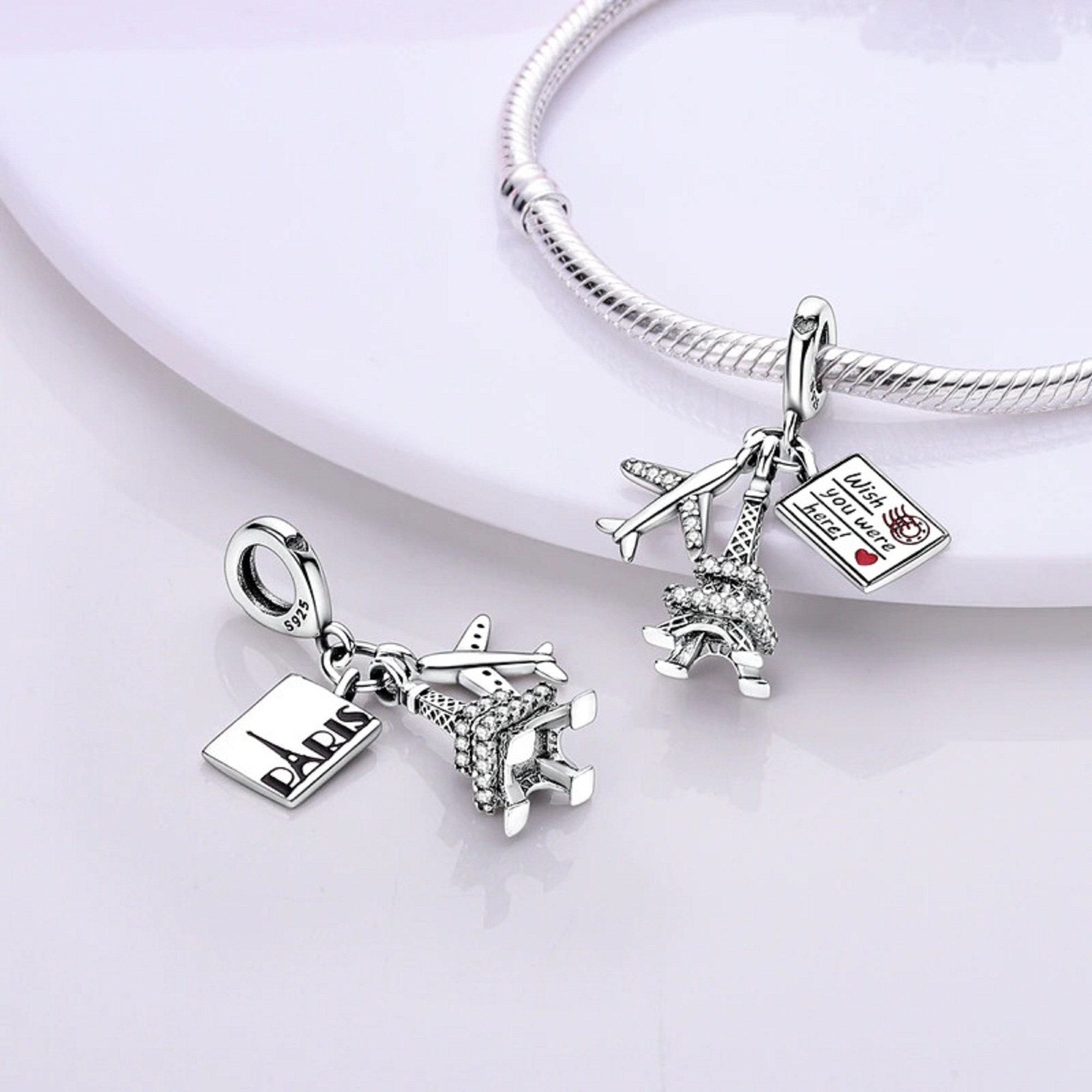 Paris Eiffel Tower Plane and Ticket Charms Fits Pandora Bracelet, I ...