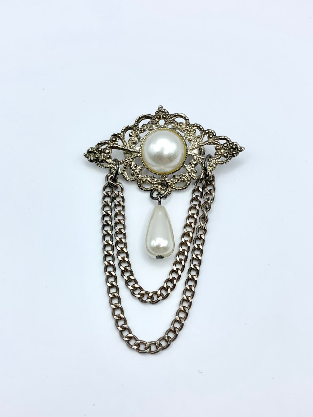 Victorian Inspired Vintage Unsigned Pearl and Chain Brooch; Regency ...