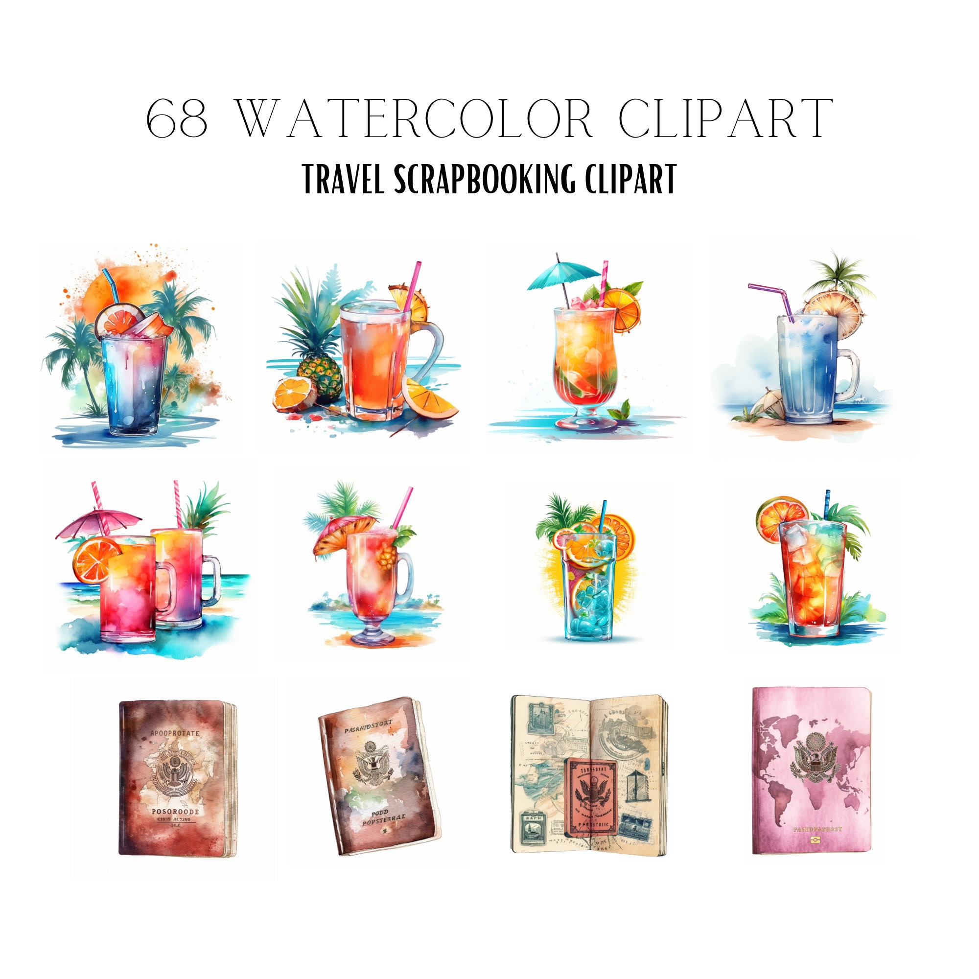 Watercolor Travel Clipart Clipart Bundle Scrapbook Vacation Paper Kit ...