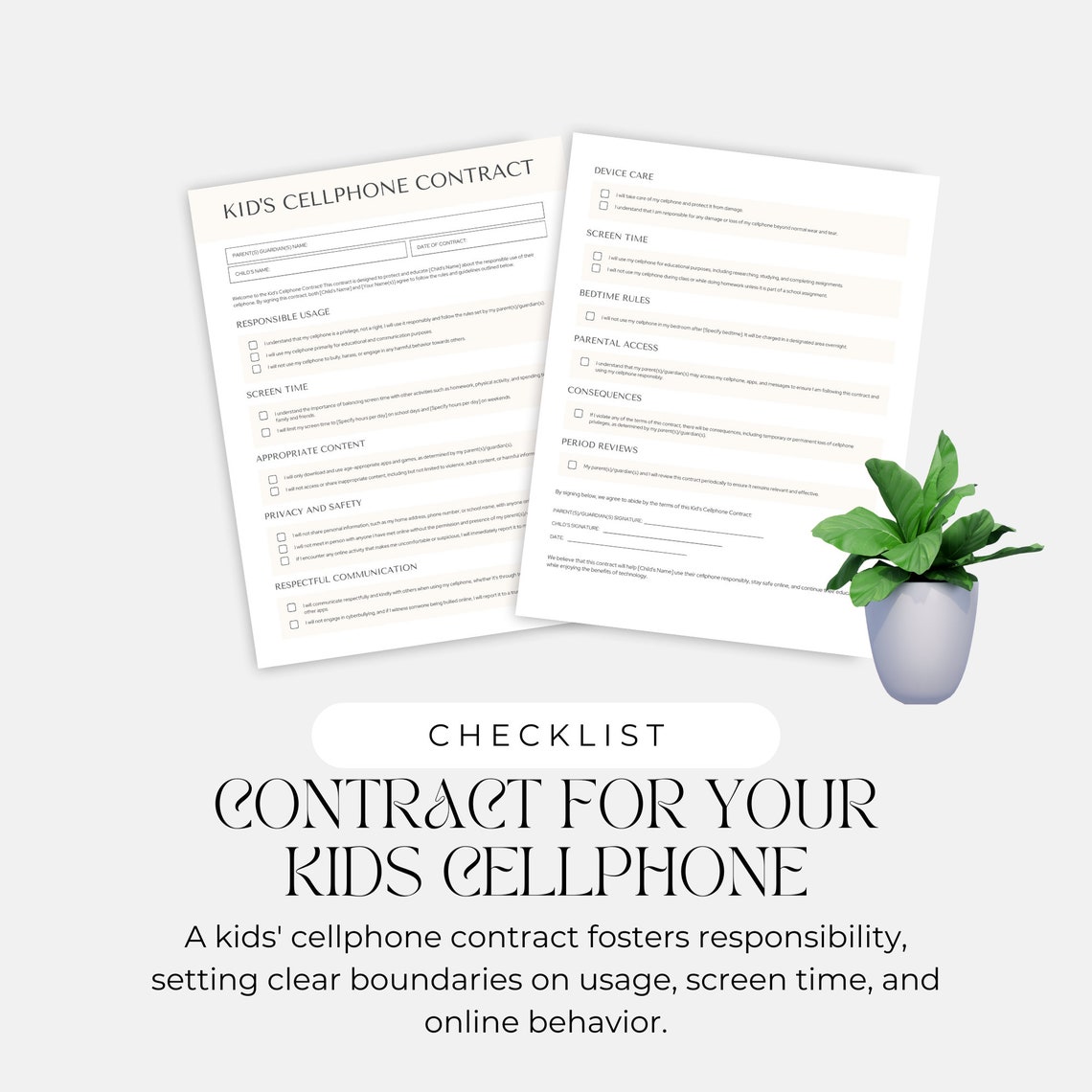 Child Phone Usage Agreement Kid's Mobile Device Rules Kid-safe ...