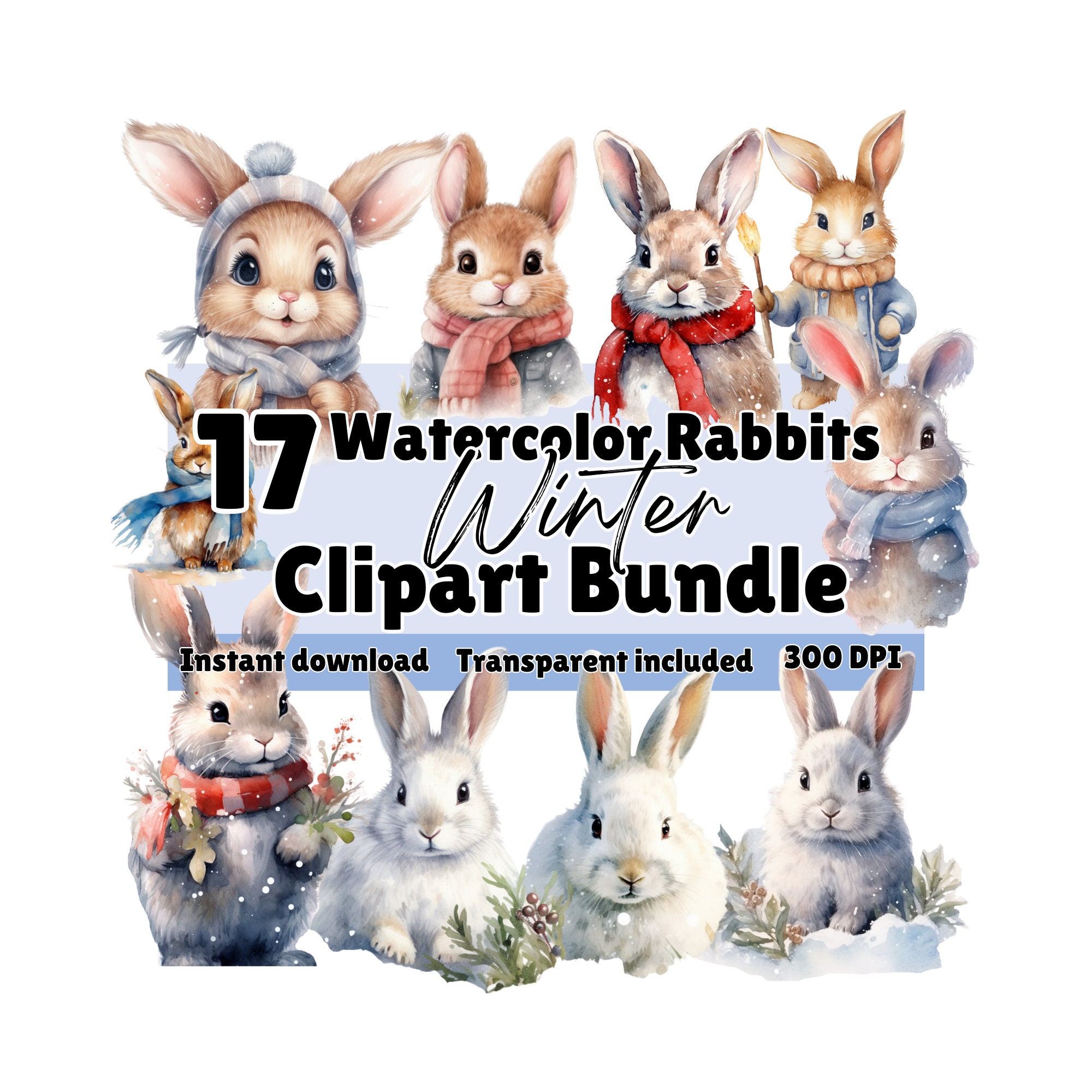 Winter Clipart Bunny Clipart Wall Art Book Illustration Christmas ...