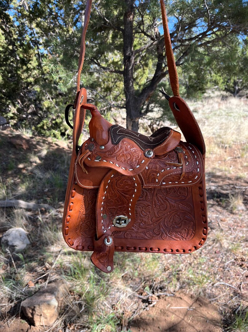 Western Saddle Purse, Genuine Leather, Hand Tooled Leather, Suede Seat ...