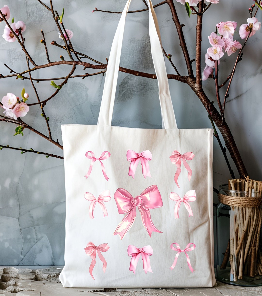 Coquette Bow Tote Bag, Pink Bow Canvas Tote Bag, Trendy Coquette Bow ...