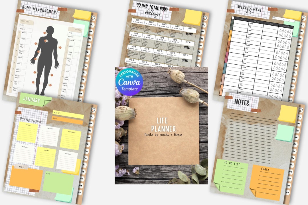 Printable Health & Fitness Planner: Weekly Meal Plan, Body Measurement ...