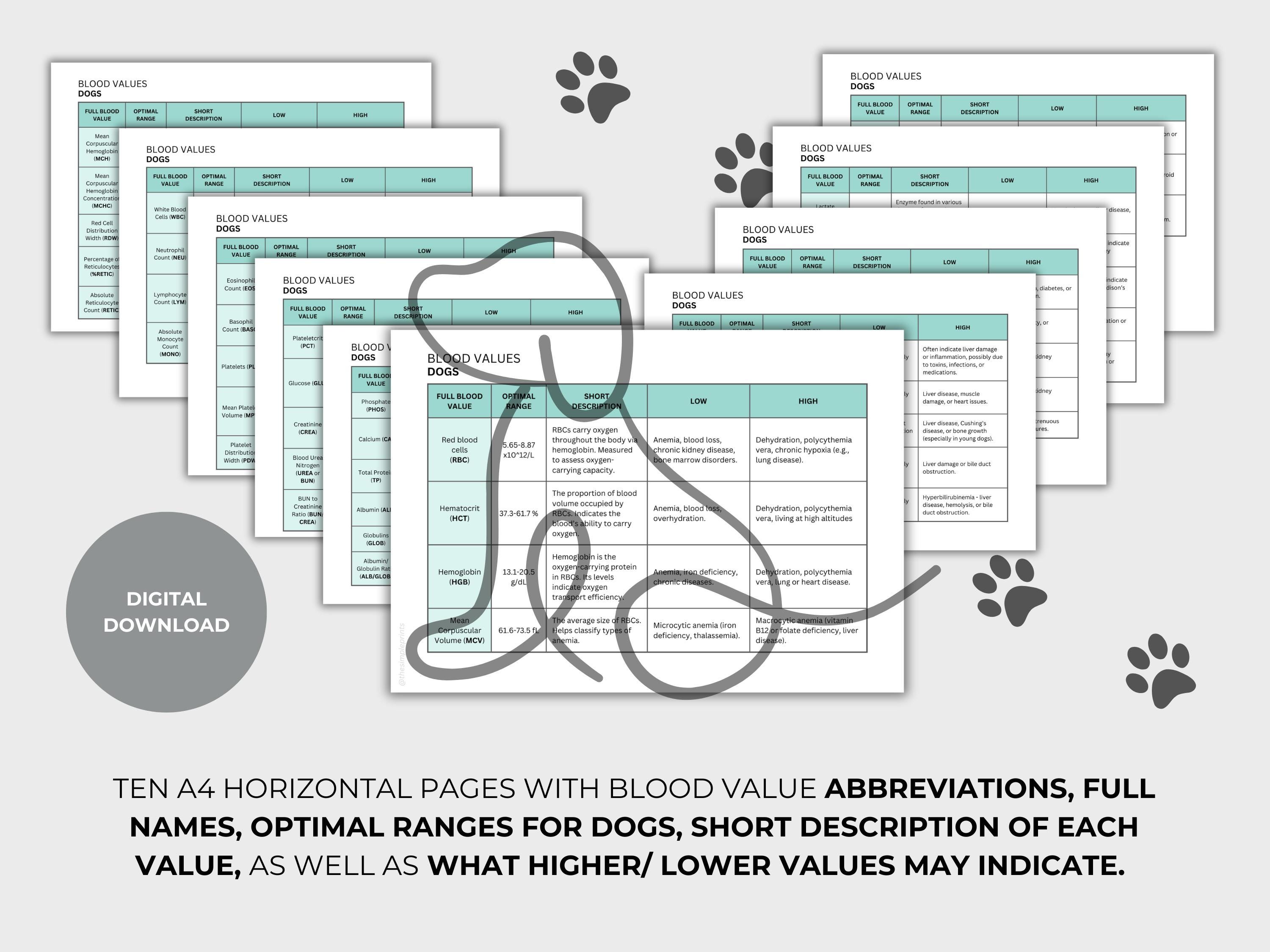 Dog Blood Values Cheat Sheet Printable | A4 Digital Vet Reference Guide ...