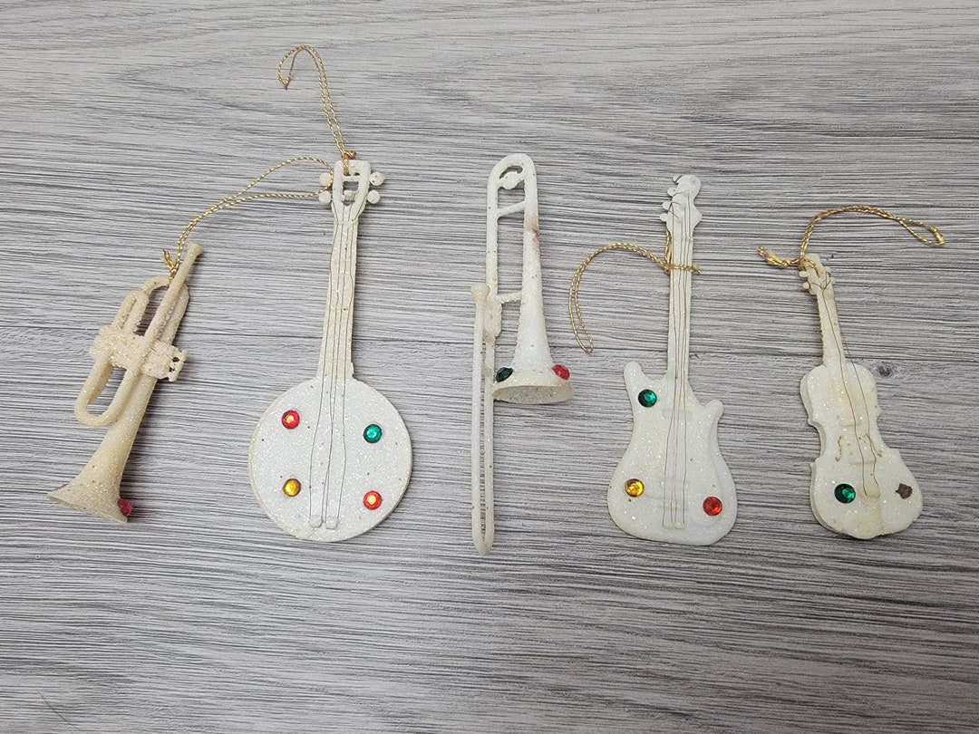 1960s Christmas Instruments Glitter Frosted Plastic Christmas Ornaments ...