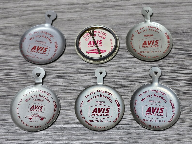 1960s Avis Rent a Car Foreign Language Advertisement Pinback Lot of 6 ...