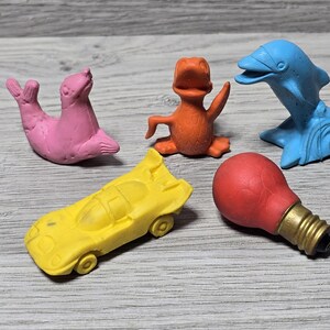 1970s Novelty Erasers Vehicle Car Animal Duck Seal Dolphin Light Bulb ...